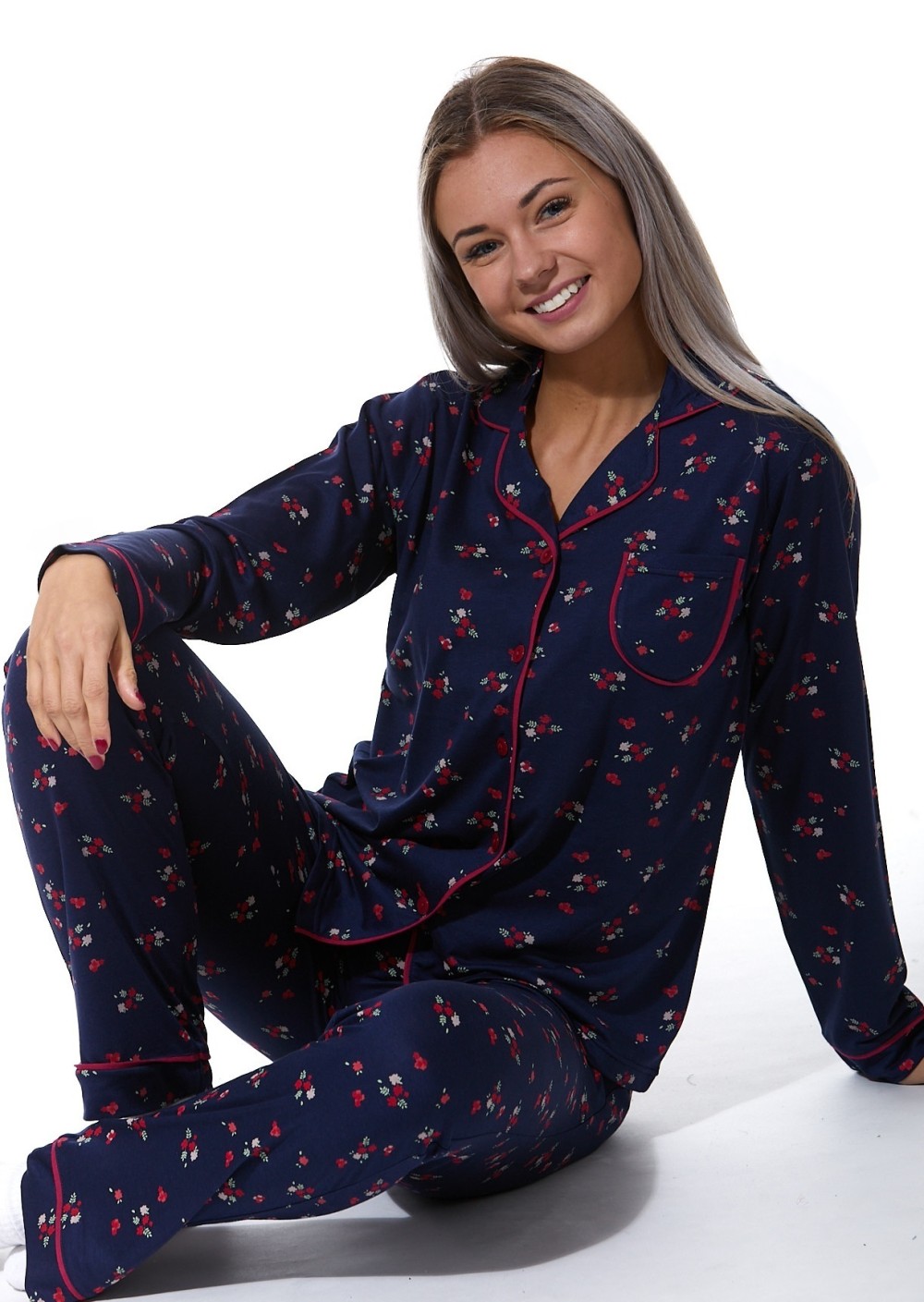 Pyžamo dámské, pyžamo pro ženy, Modré elegantní pyžamo dámské s kytičkama