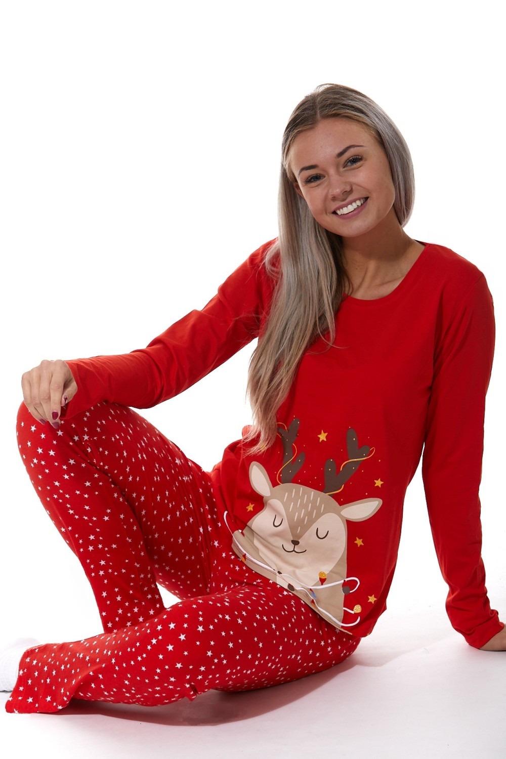 Pyžamo dámské Vánoční s hvězdičkama a Sobem , Pyžamo dámské bavlněnéí ...