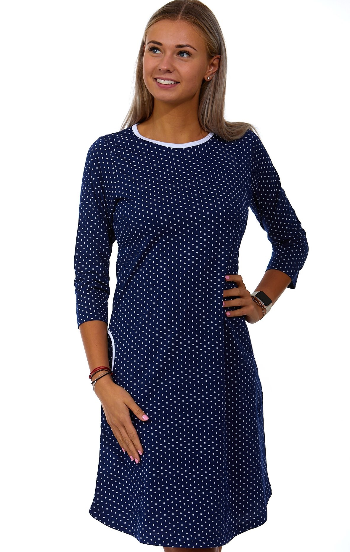 Modrá a bíle puntíkatá noční košilka 3/4 rukávy s kapsama, Noční ...